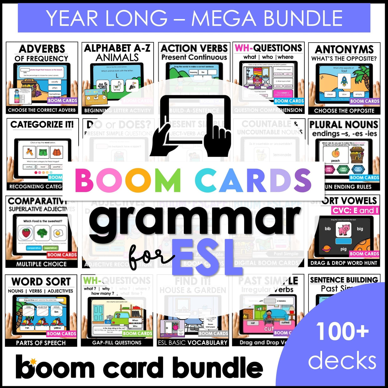 ESL Verbs, Parts of Speech Boom Card Bundle - 100 DECKS