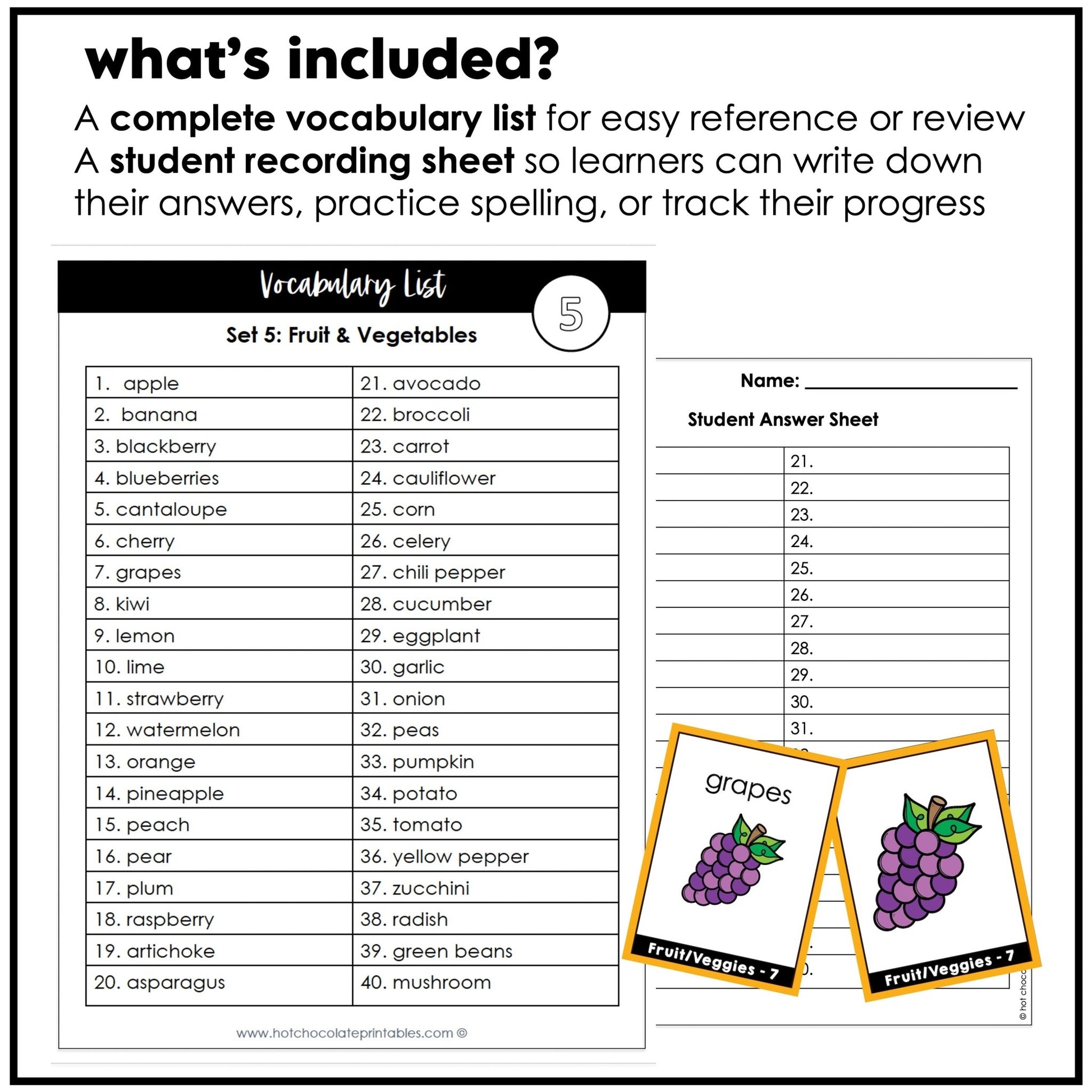 Fruit & Vegetable Vocabulary Flashcards | ESL Task Cards