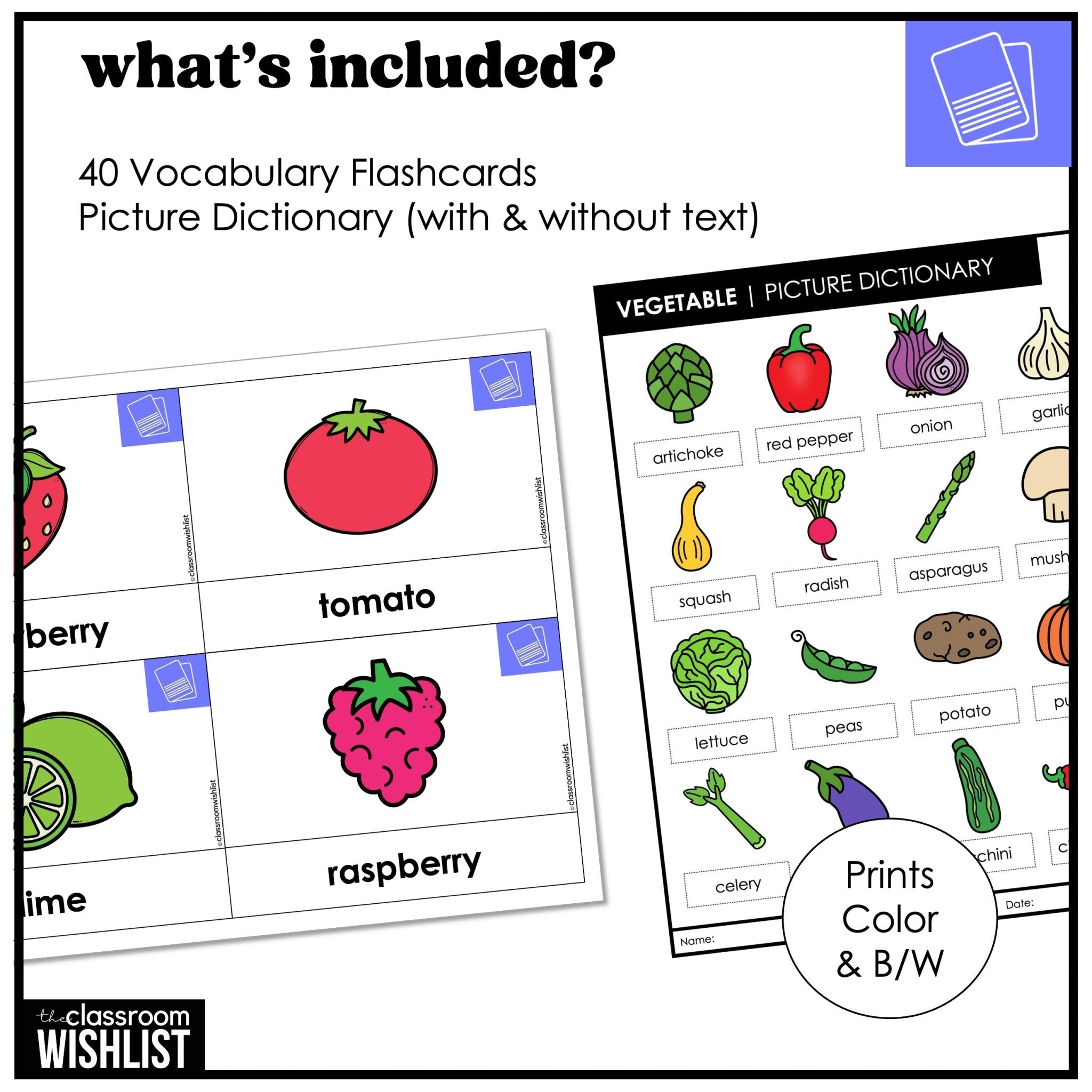 Fruit & Vegetable Vocabulary Pack: Flashcards & Picture Dictionary ESL ...