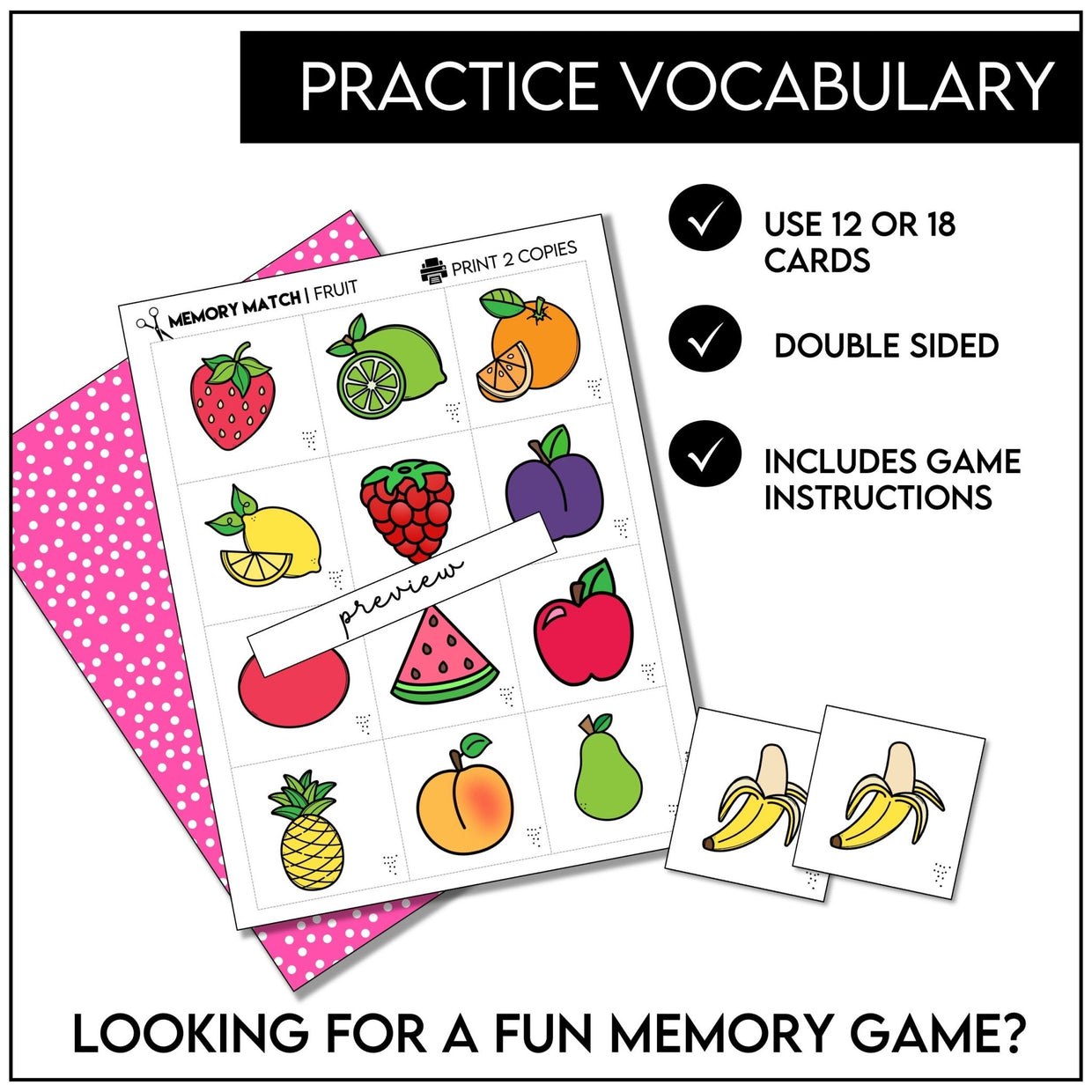 Fruit Vocabulary Memory Game | Picture Card Matching