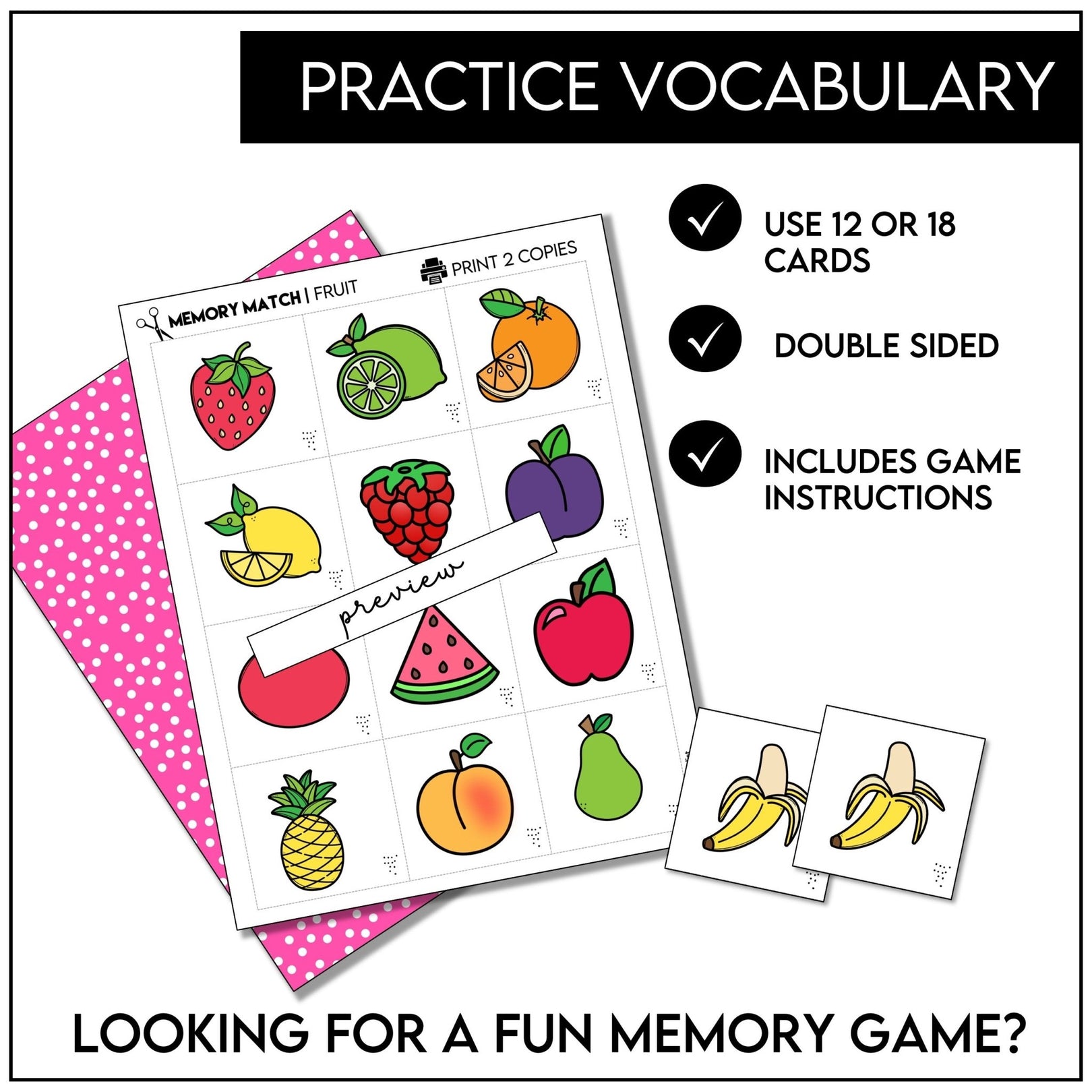 Fruit Vocabulary Memory Game | Picture Card Matching