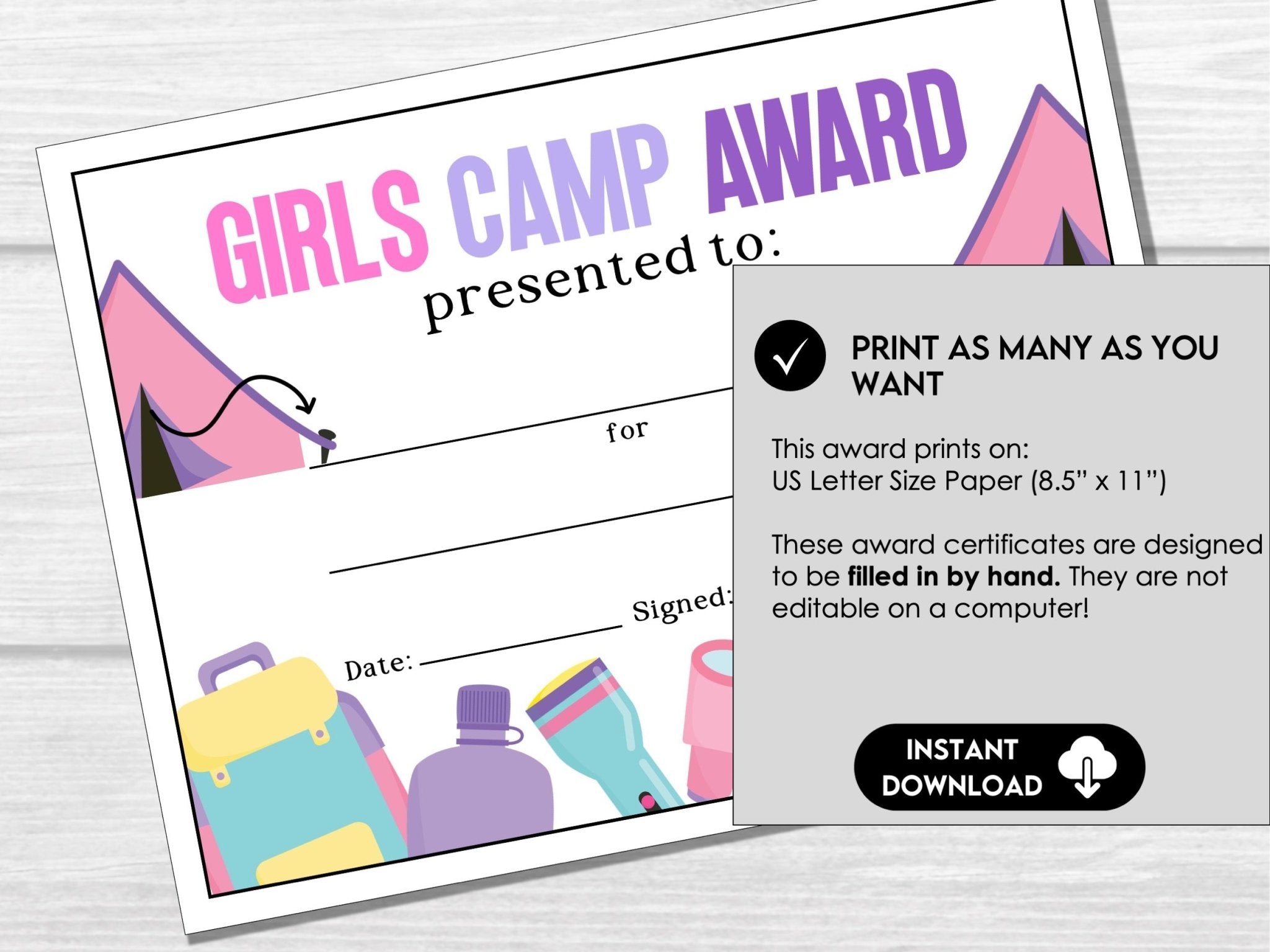 Girls Camp Awards, Summer Camp Certificate for Kids, Printable Certifi ...