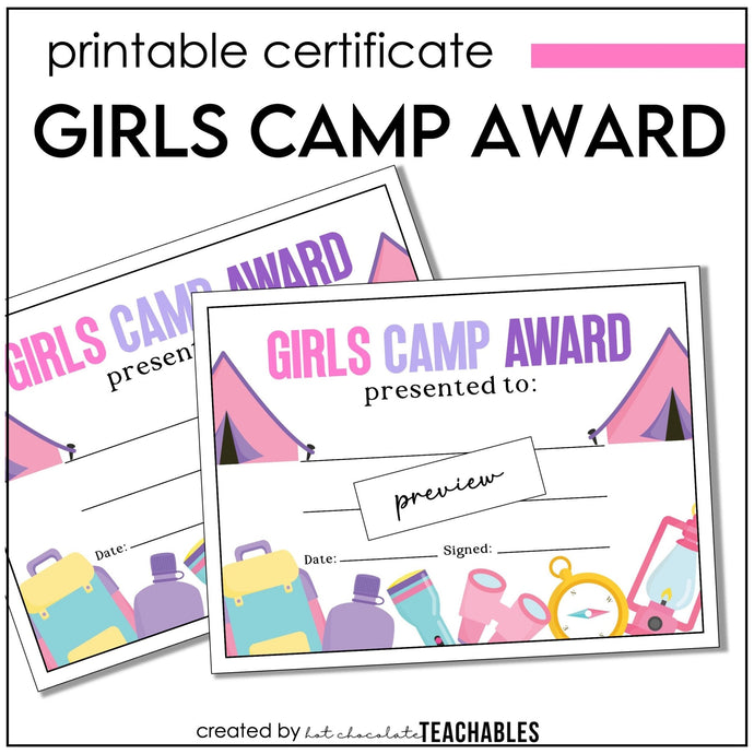 Girls Camp Awards, Summer Camp Certificate for Kids