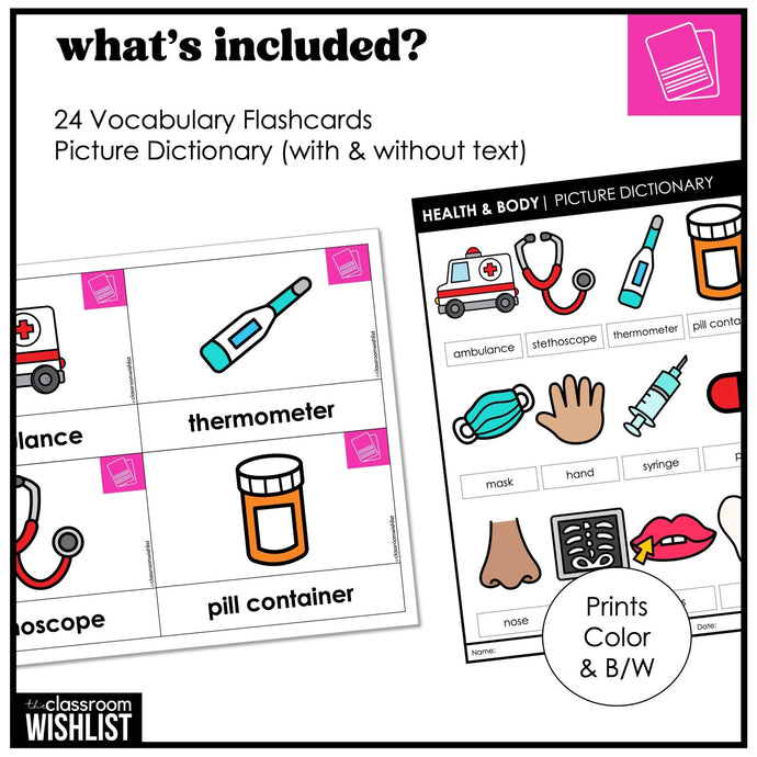 Health & Body Vocabulary Building ESL Flashcard Pack for ESL