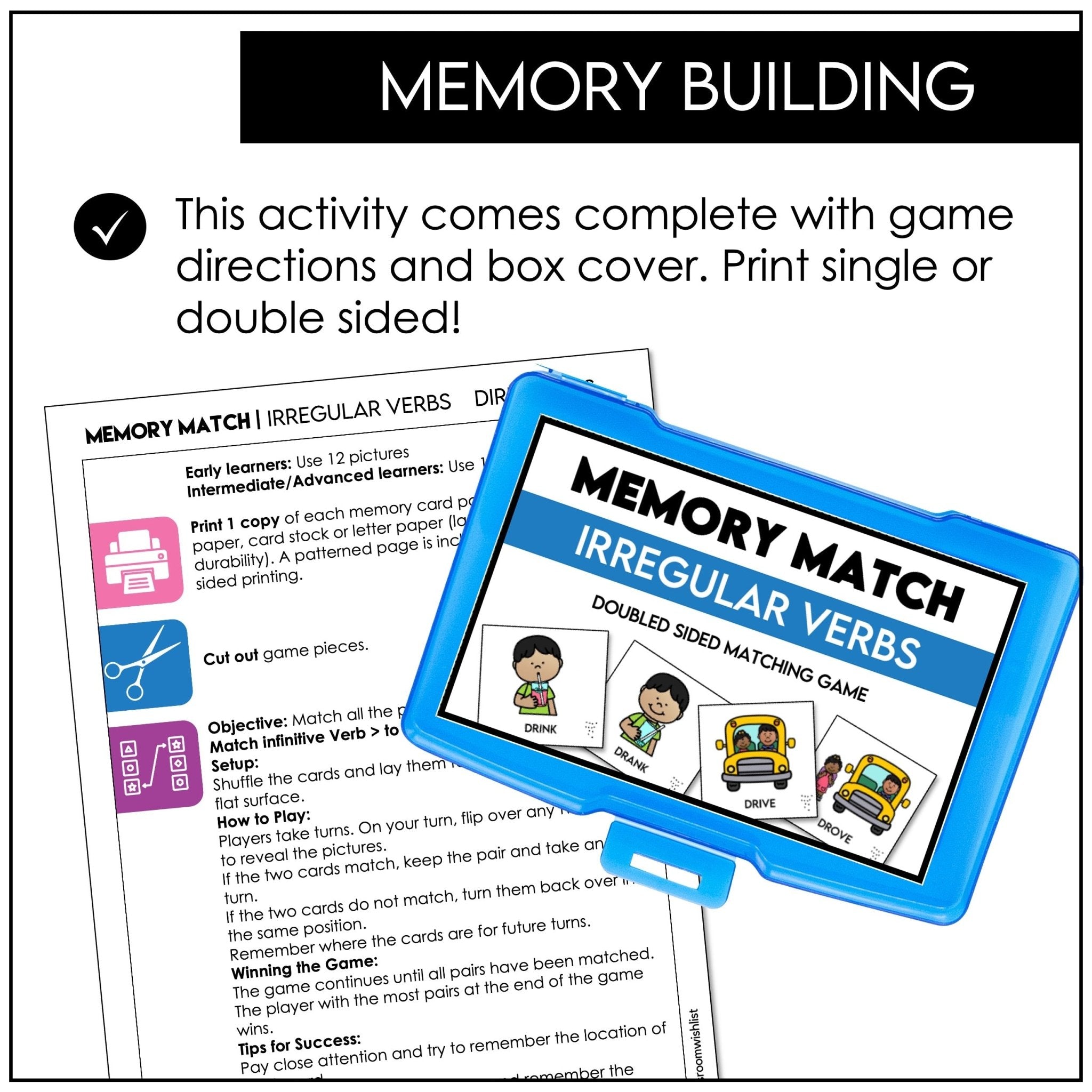 Irregular Verb Memory Game | Infinitive to Past Tense Verb Picture Mat ...