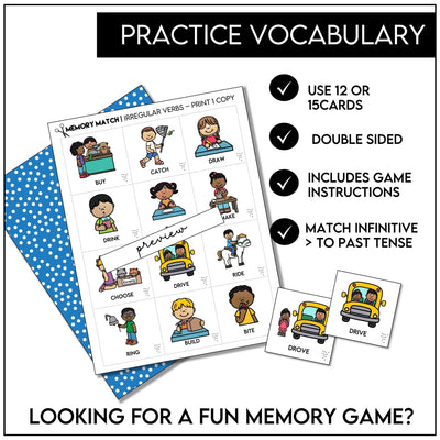 Irregular Verb Memory Game | Infinitive to Past Tense Verb Picture Mat ...
