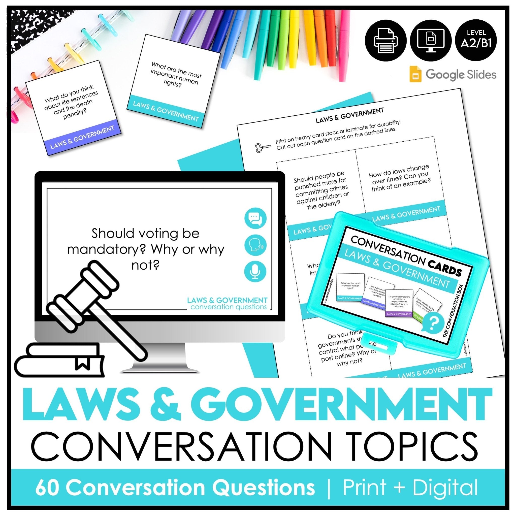 Laws, Government & Society Conversation Cards | 60 Prompts