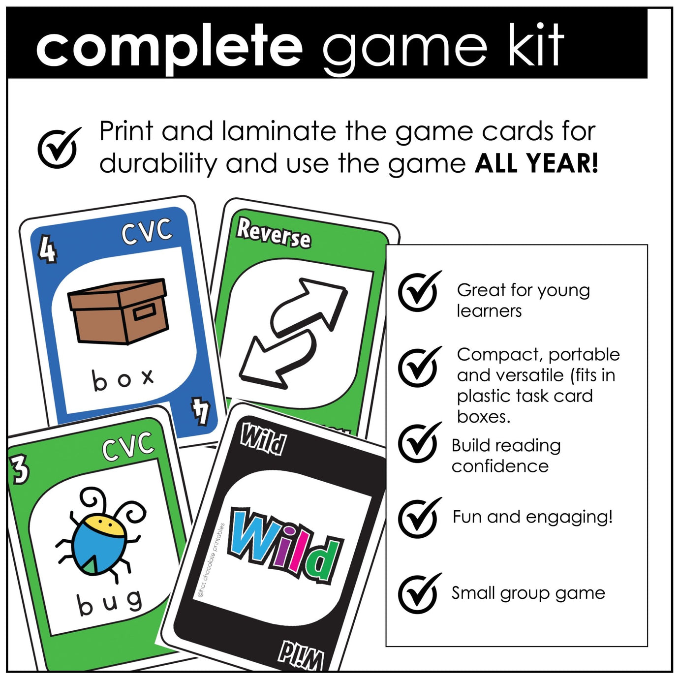 Literacy Card Game: CVC words Short A - E - I - O - U