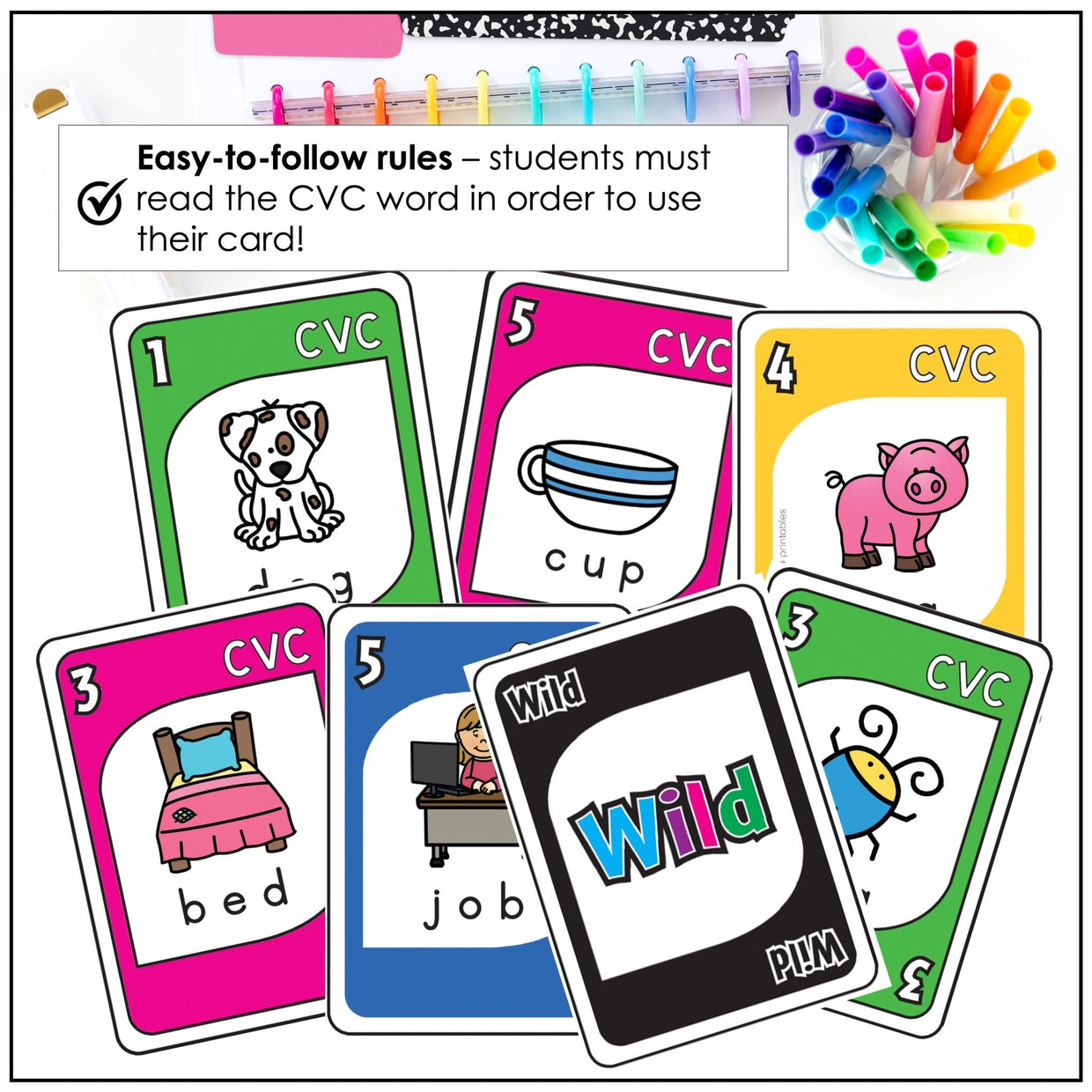 Literacy Card Game: CVC words Short A - E - I - O - U – Hot Chocolate ...