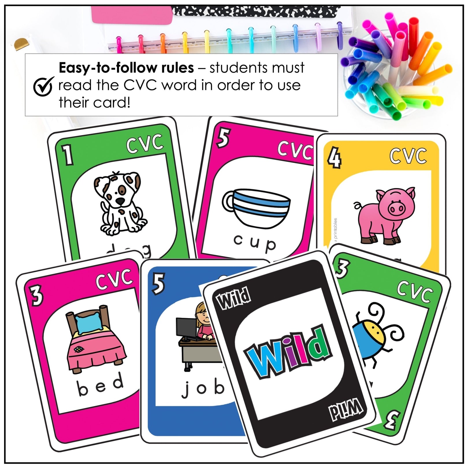 Literacy Card Game: CVC words Short A - E - I - O - U