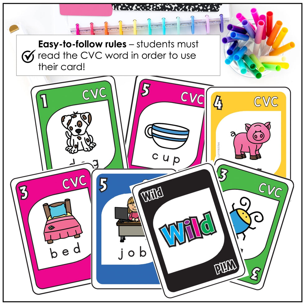 Literacy Card Game: CVC words Short A - E - I - O - U