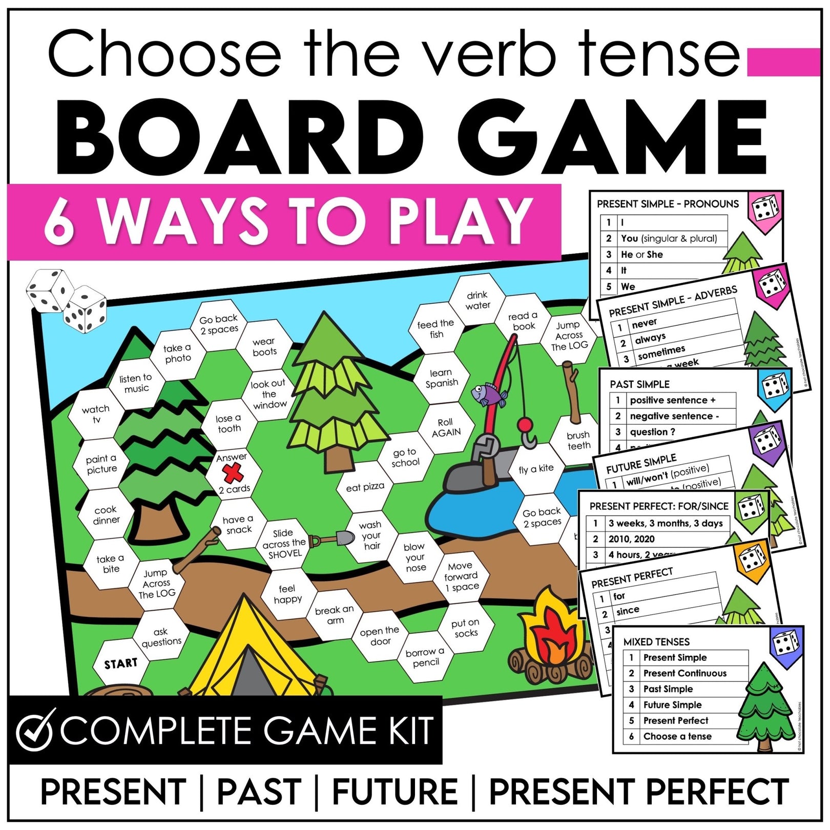 Mixed Verb Tenses Board Game -Present, Past, Future, Adverbs