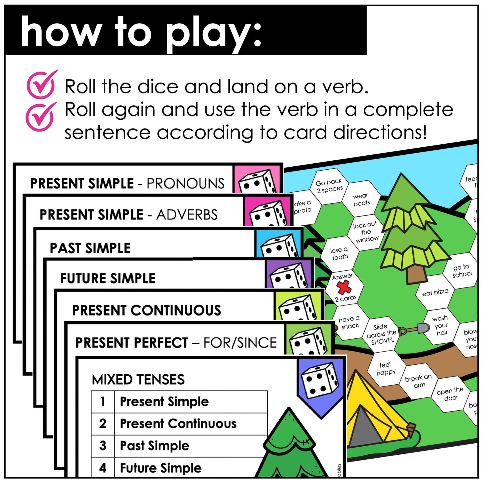 Mixed Verb Tenses Board Game -Present, Past, Future, Adverbs