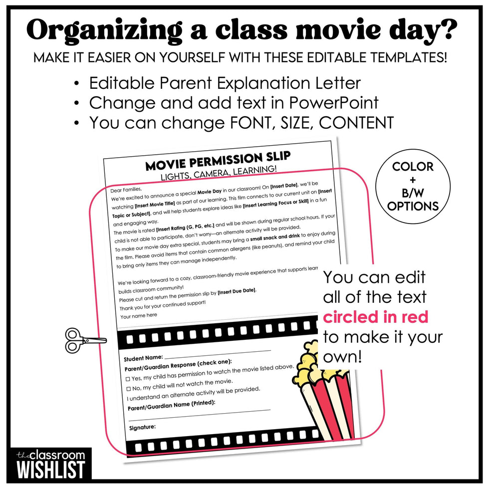 Movie Permission Slips, Editable Parent Explanation Letter