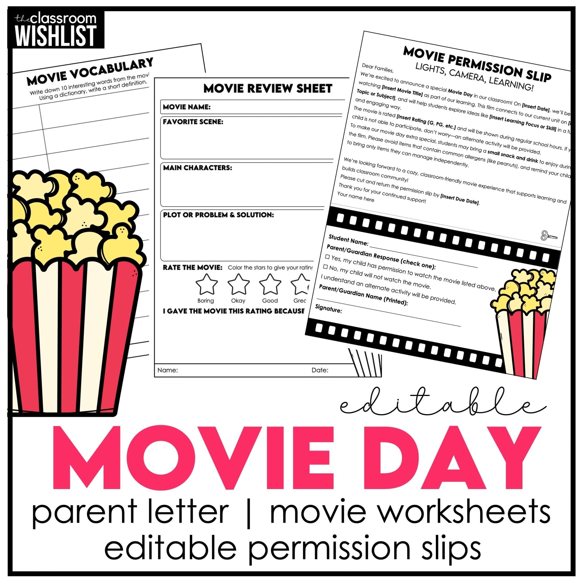 Movie Permission Slips, Editable Parent Explanation Letter