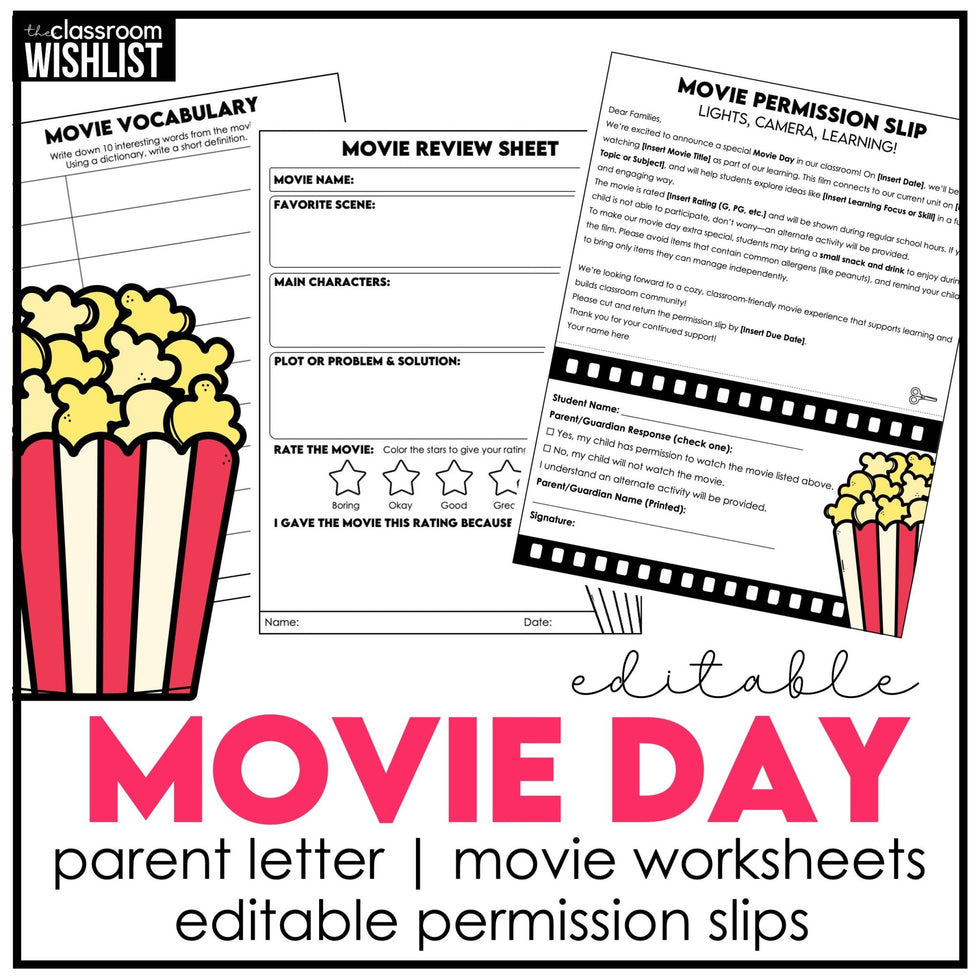 Movie Permission Slips, Editable Parent Explanation Letter