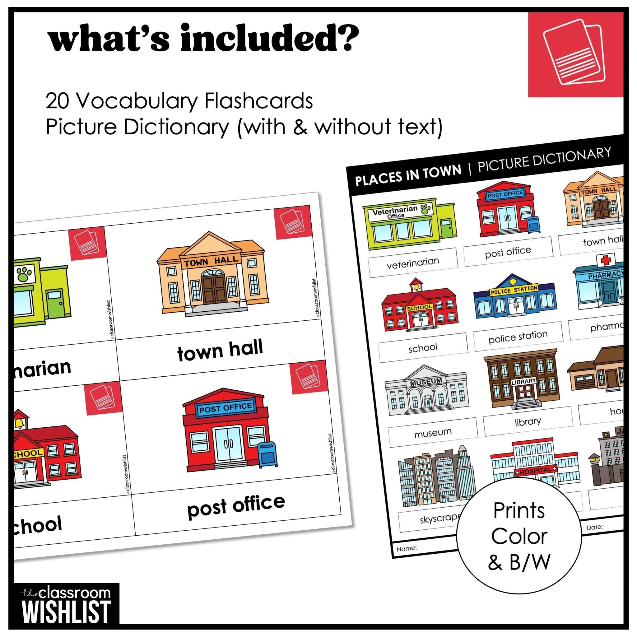 Places in Town Vocabulary Building ESL Flashcard Set