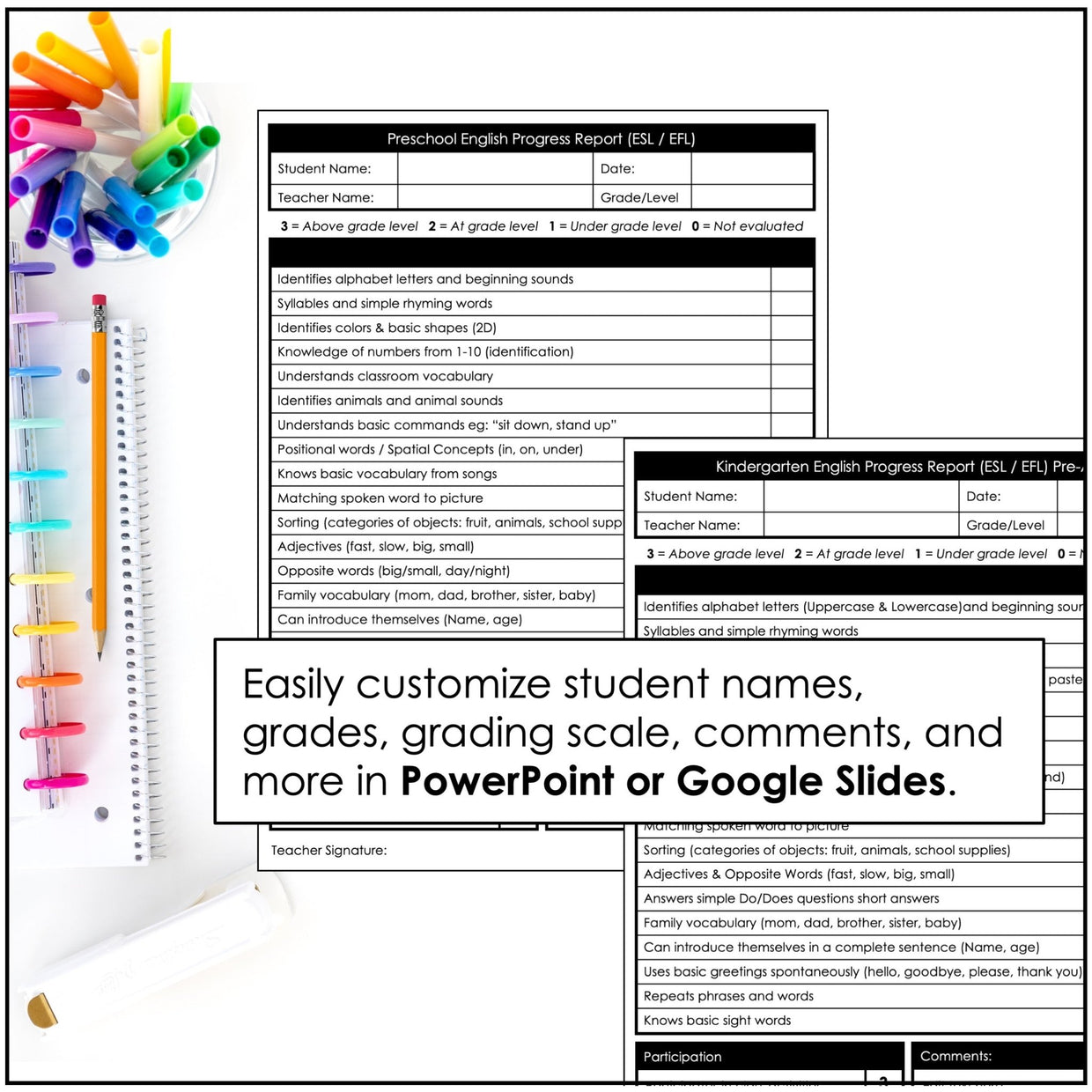 Editable Progress Reports for Preschool & Kindergarten ESL