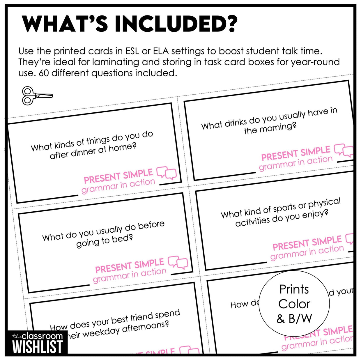 Present Simple ESL Conversation Cards – 60 Question Prompts