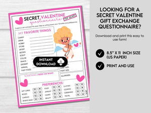 Printable Secret Valentine Questionnaire for Fun Gift Exchange, Valent ...