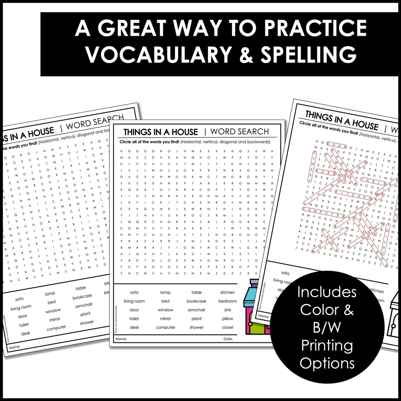 House Vocabulary Building Word Search - Find Rooms & Objects