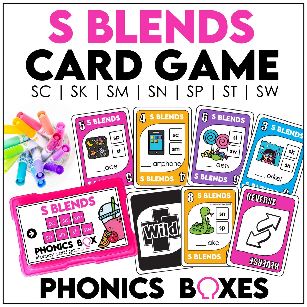 S Blends Phonics Card Game | SC SK SM SN SP ST SW