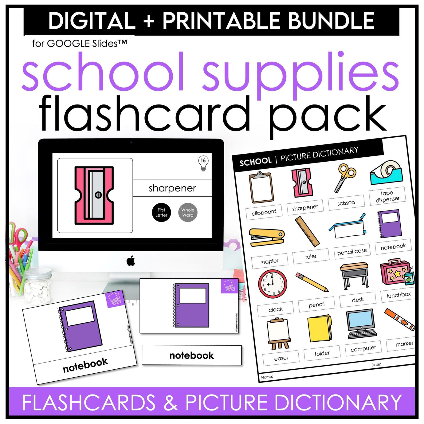 School & Classroom Vocabulary Flashcards + Dictionary