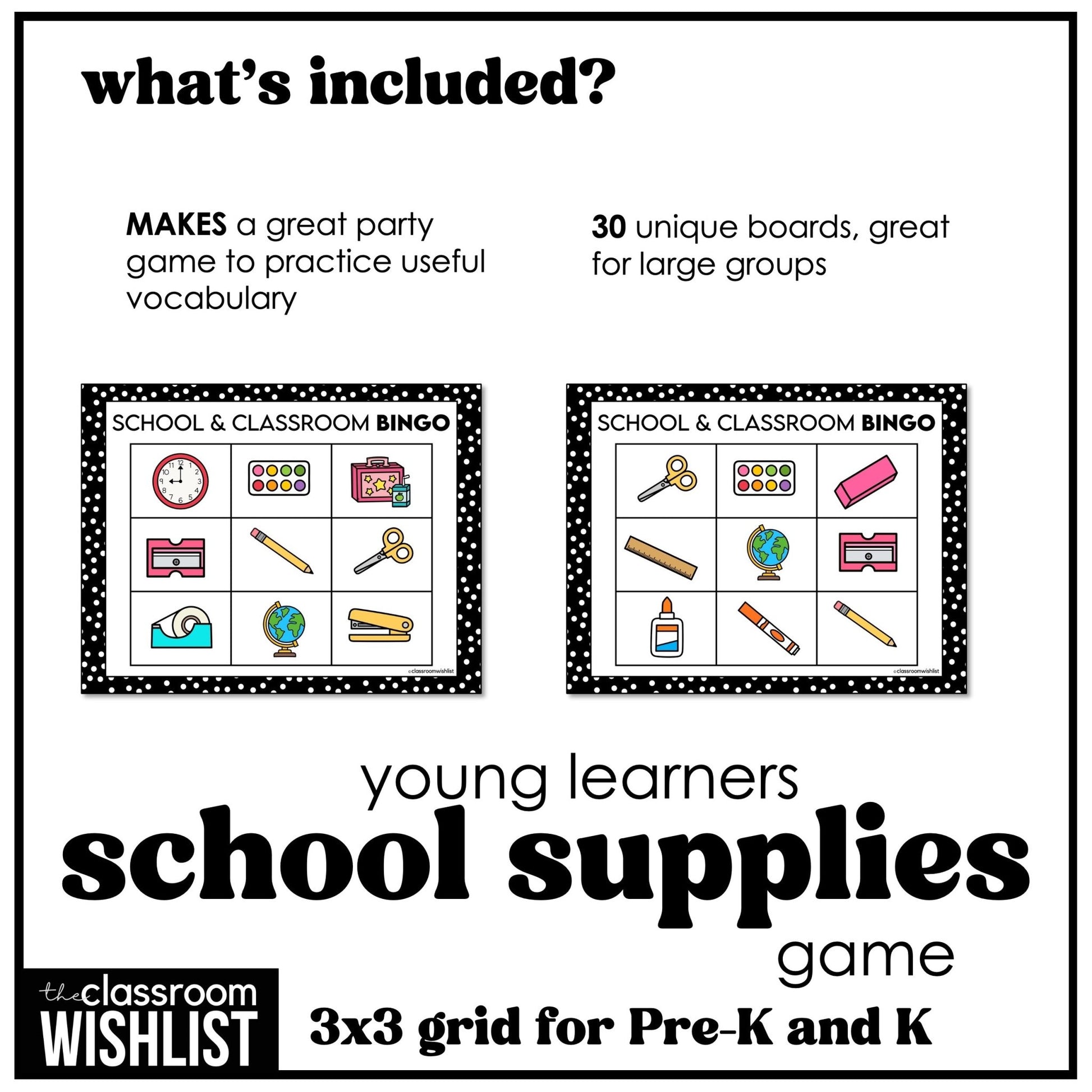 School Supplies Bingo Game Preschool & Kindergarten