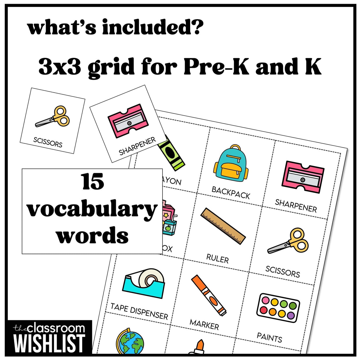 School Supplies Bingo Game Preschool & Kindergarten