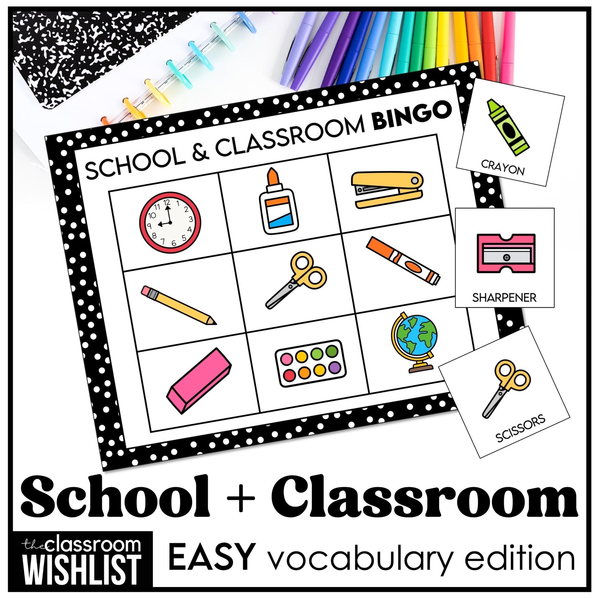 School Supplies Bingo Game Preschool & Kindergarten
