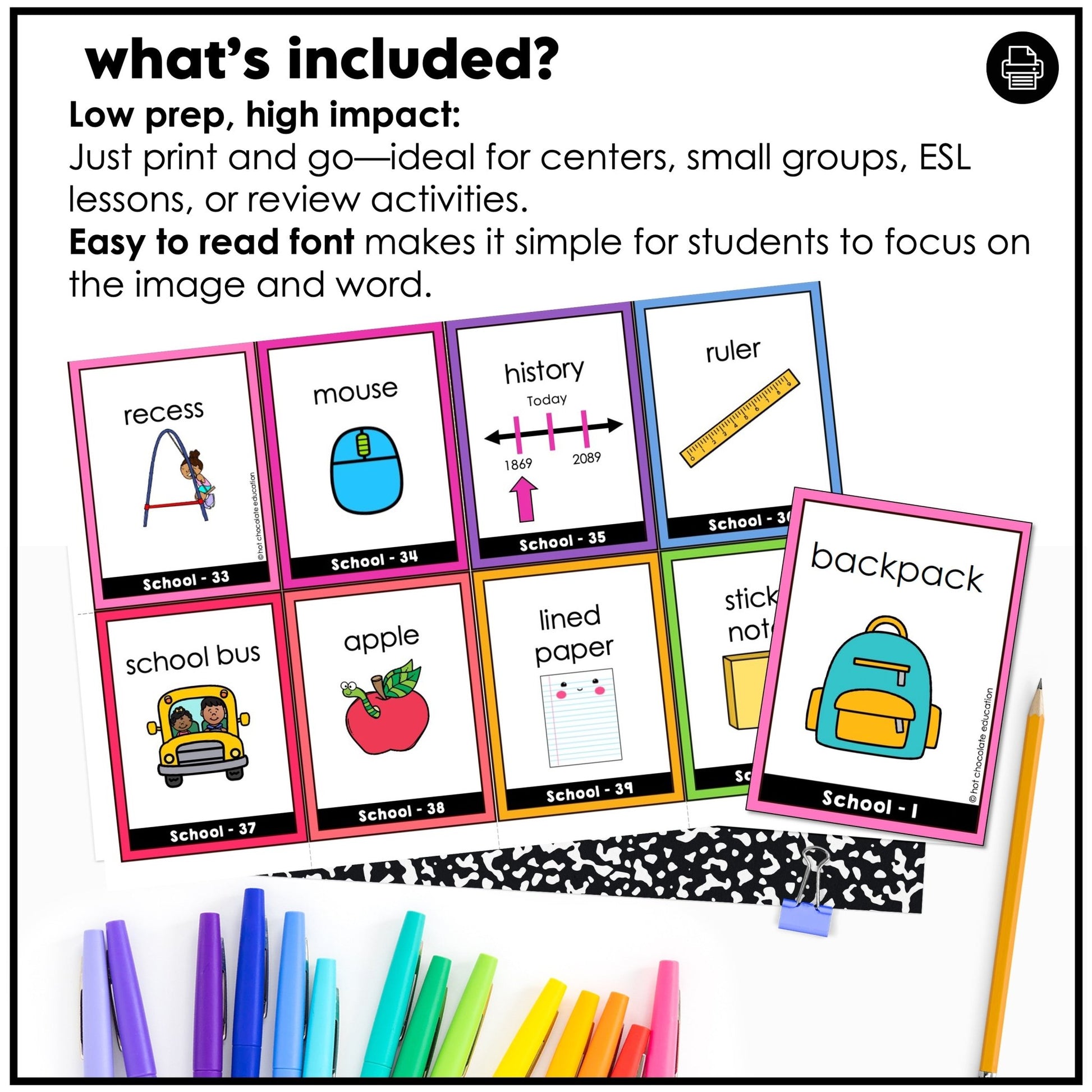 School Supplies & Classroom Vocabulary ESL Flashcards