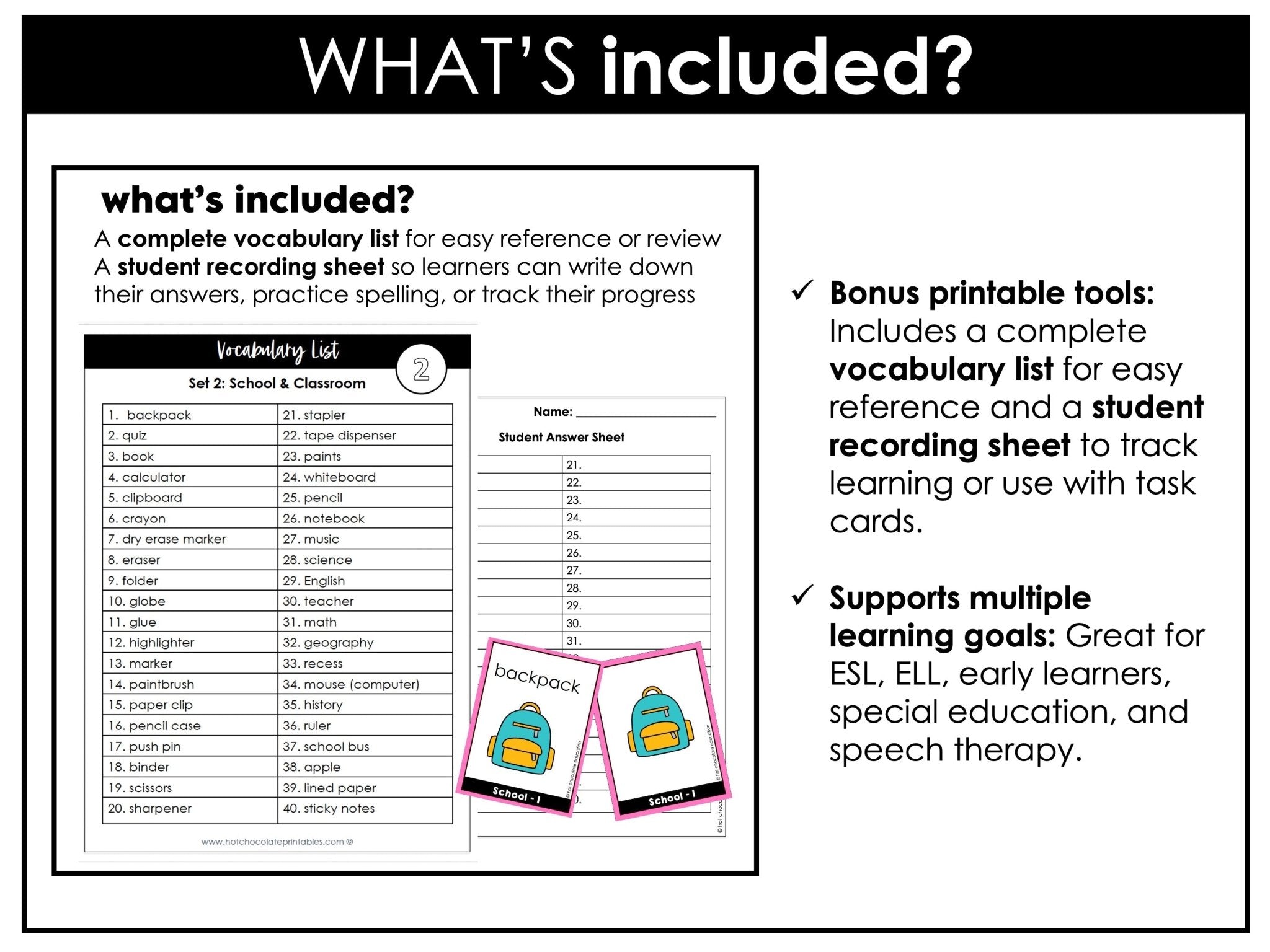 School Supplies & Classroom Vocabulary ESL Flashcards