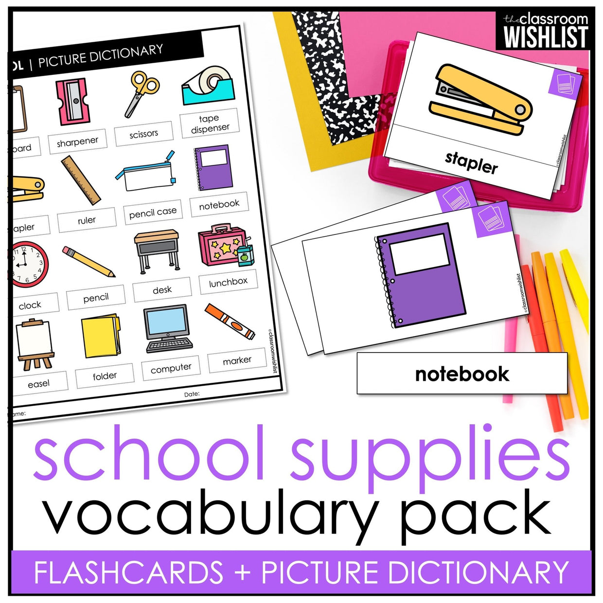 School Supplies Vocabulary English Flashcards ESL ELL