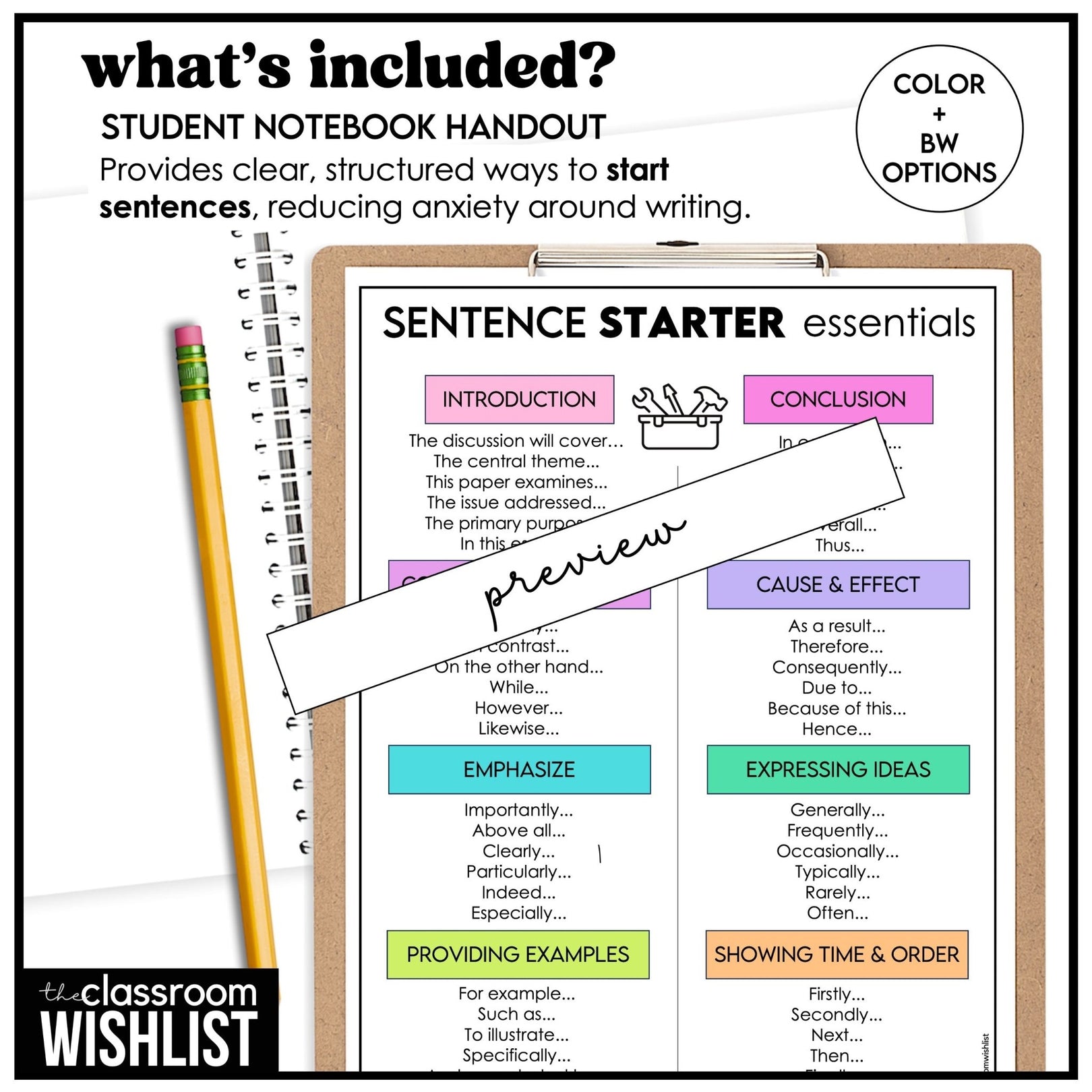Sentence Starters Chart | Writing Reference Tool for ESL EFL