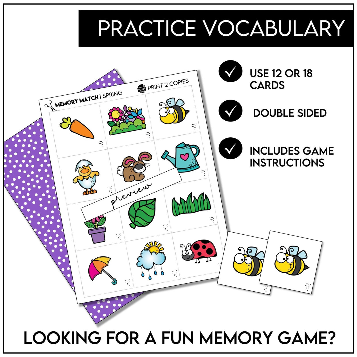Spring Vocabulary Memory Match Game | Printable Matching