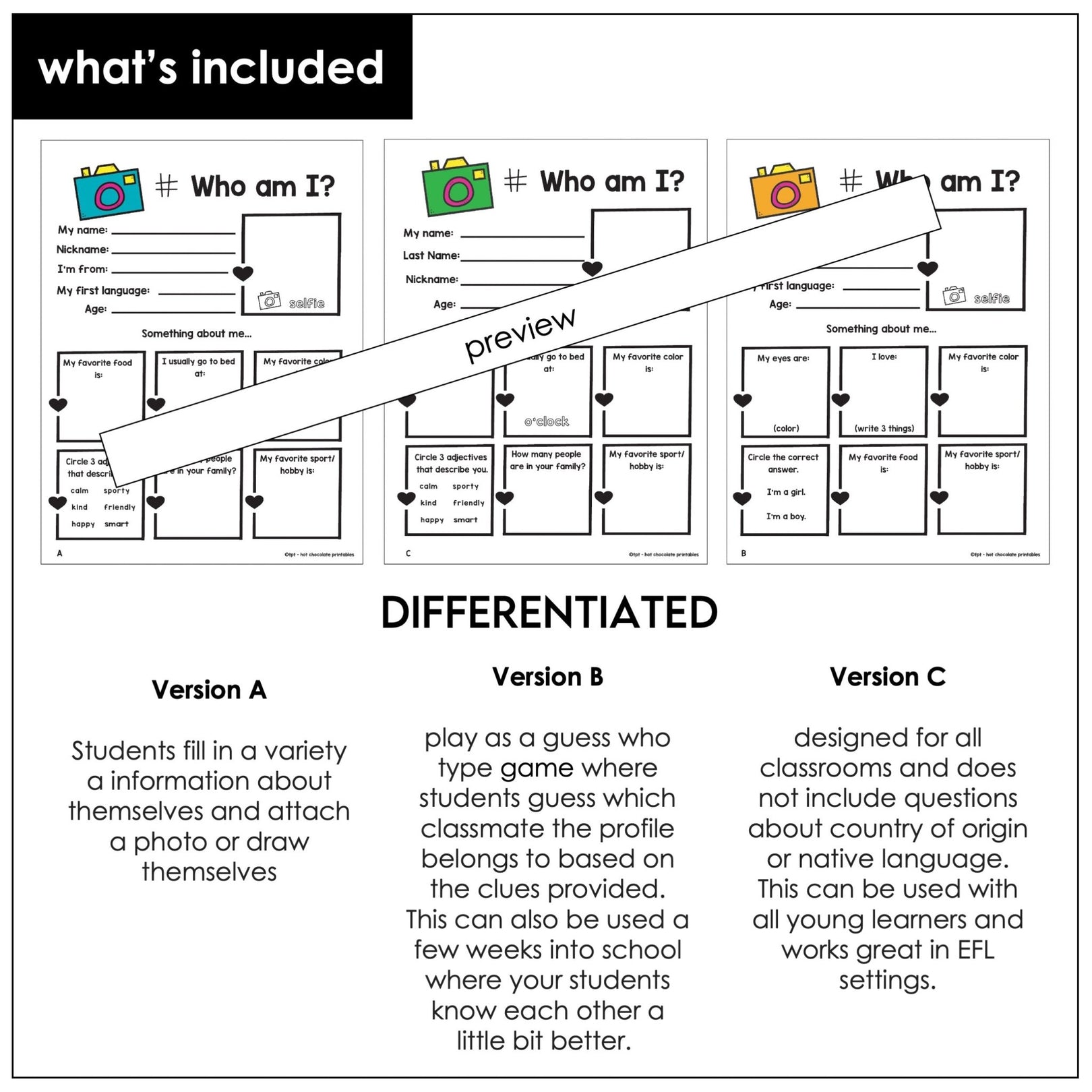 Student Profile Worksheets for Back to School - Who am I?