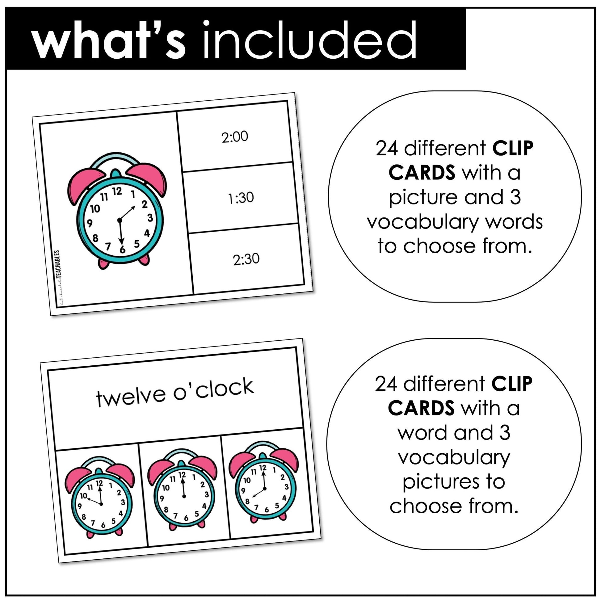 Telling Time to the Hour & Half Past Vocabulary CLIP CARDS