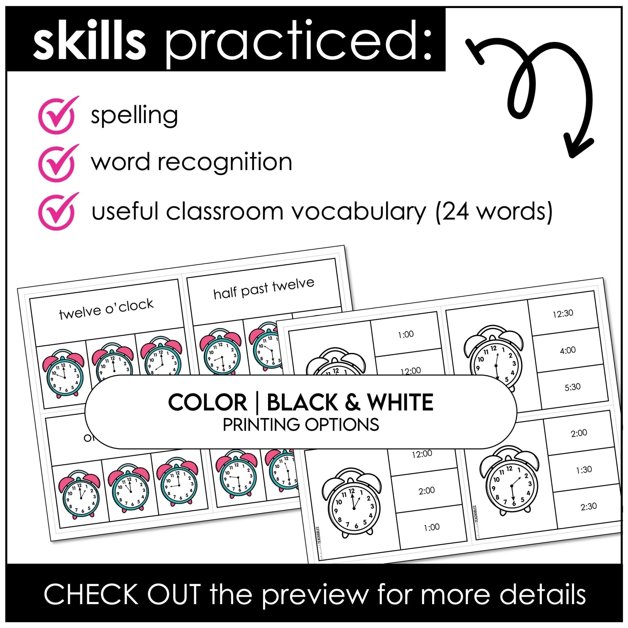 Telling Time to the Hour & Half Past Vocabulary CLIP CARD activity ...