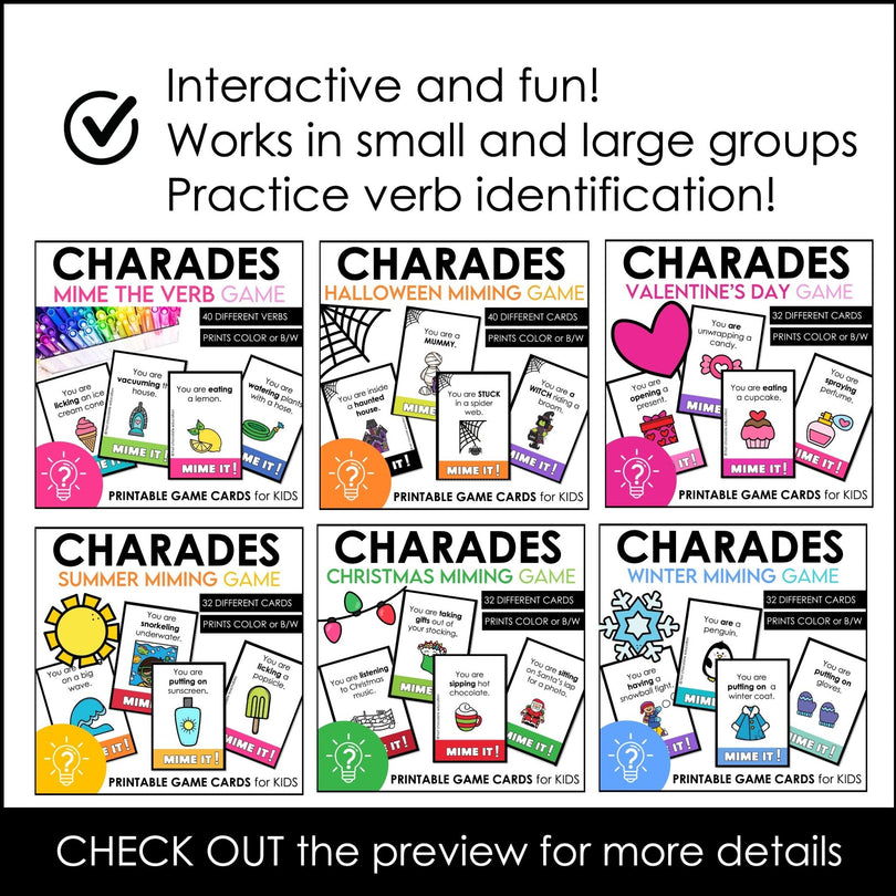 Verb Charades for Kids | Holiday & Seasonal Game Cards