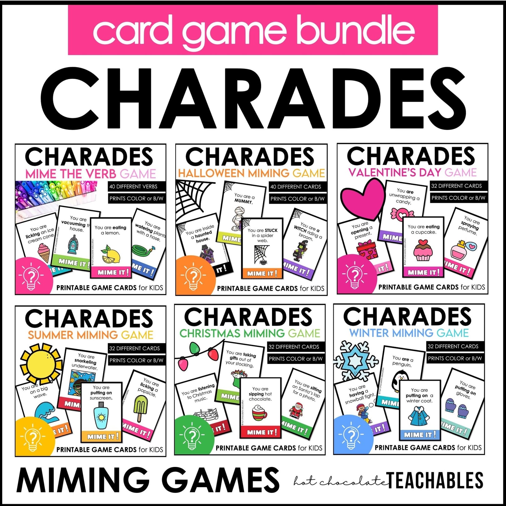 Verb Charades for Kids | Holiday & Seasonal Game Cards