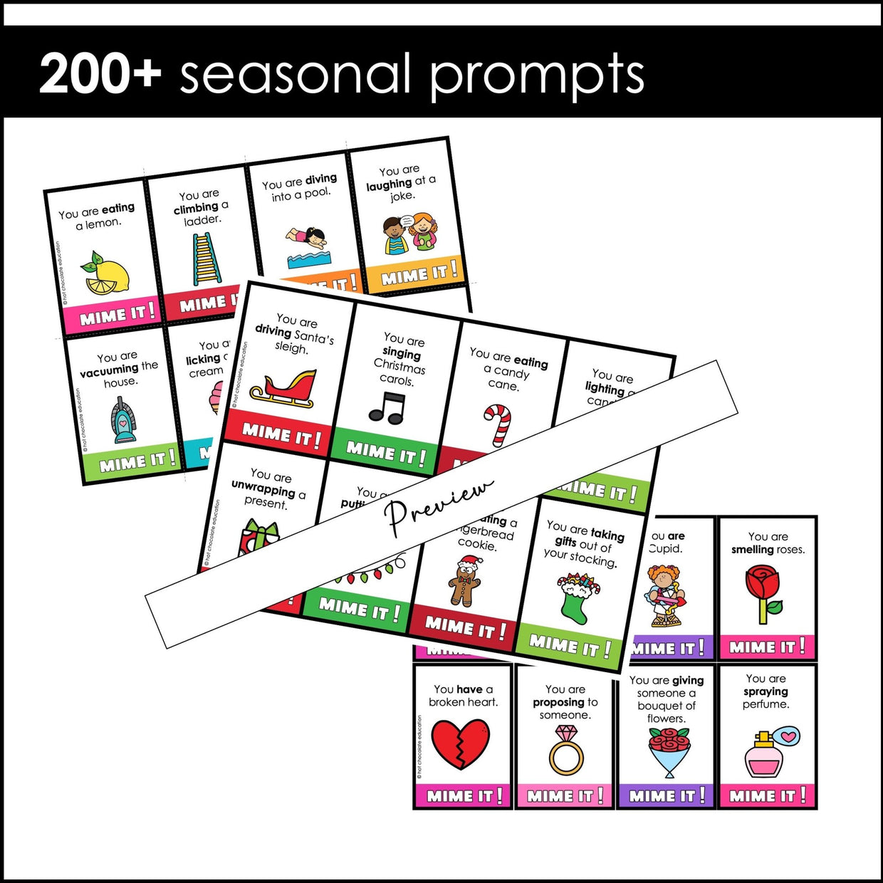 Verb Charades for Kids | Holiday & Seasonal Game Cards