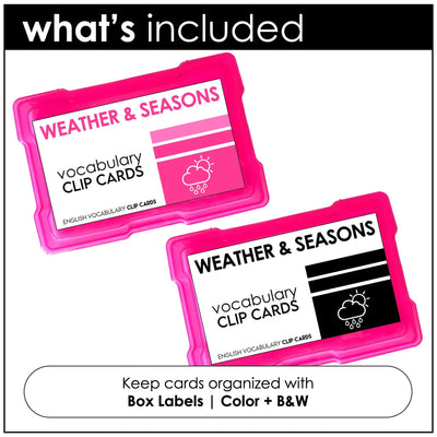 Weather and Seasons Vocabulary CLIP CARD matching activity task cards ...