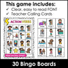 Action Verb Bingo Game + Present Tense Verb Flashcards
