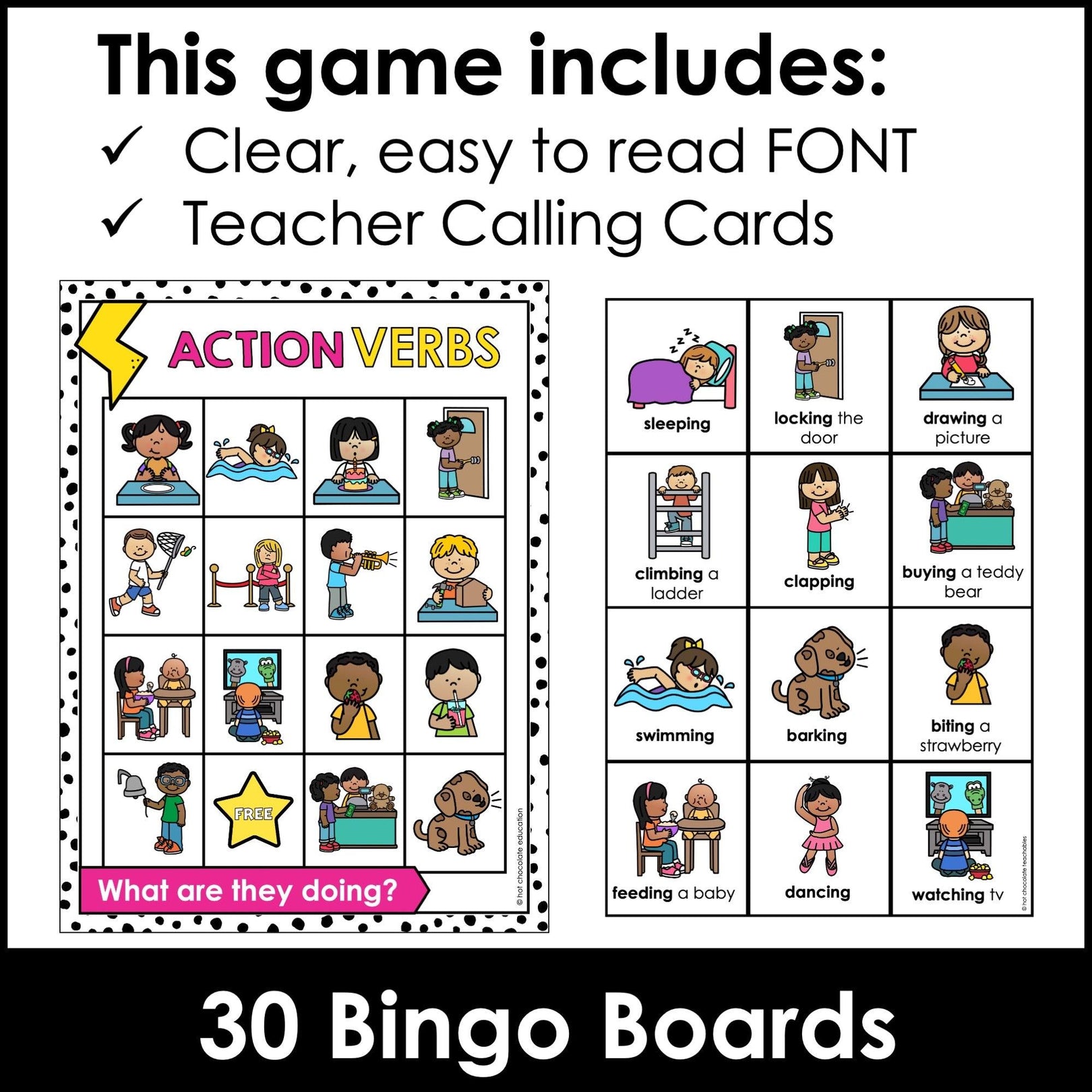 Action Verb Bingo Game + Present Tense Verb Flashcards
