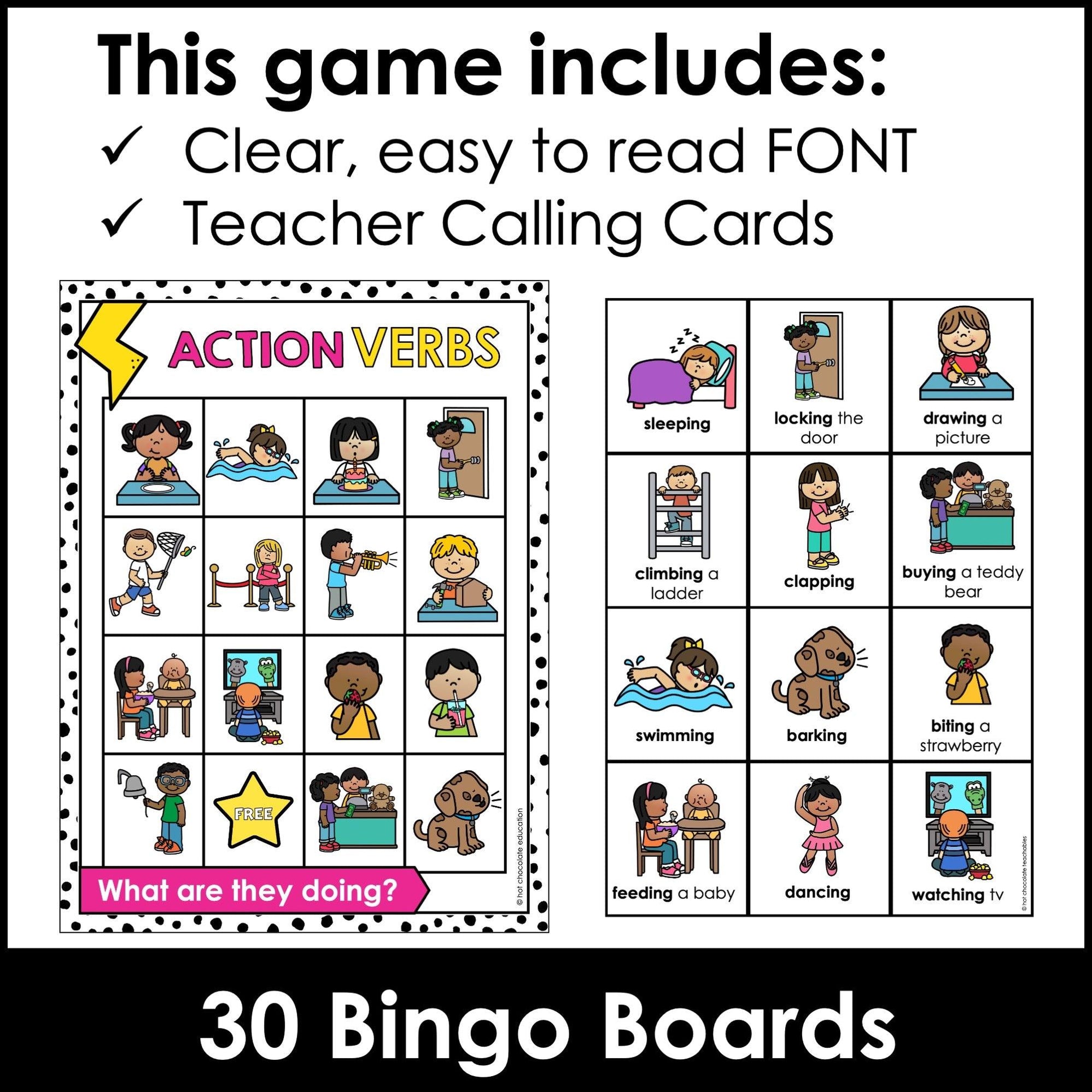 Action Verb Bingo Game + Present Tense Verb Flashcards – Hot Chocolate ...
