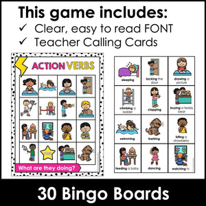 Action Verb Bingo Game + Present Tense Verb Flashcards – Hot Chocolate ...