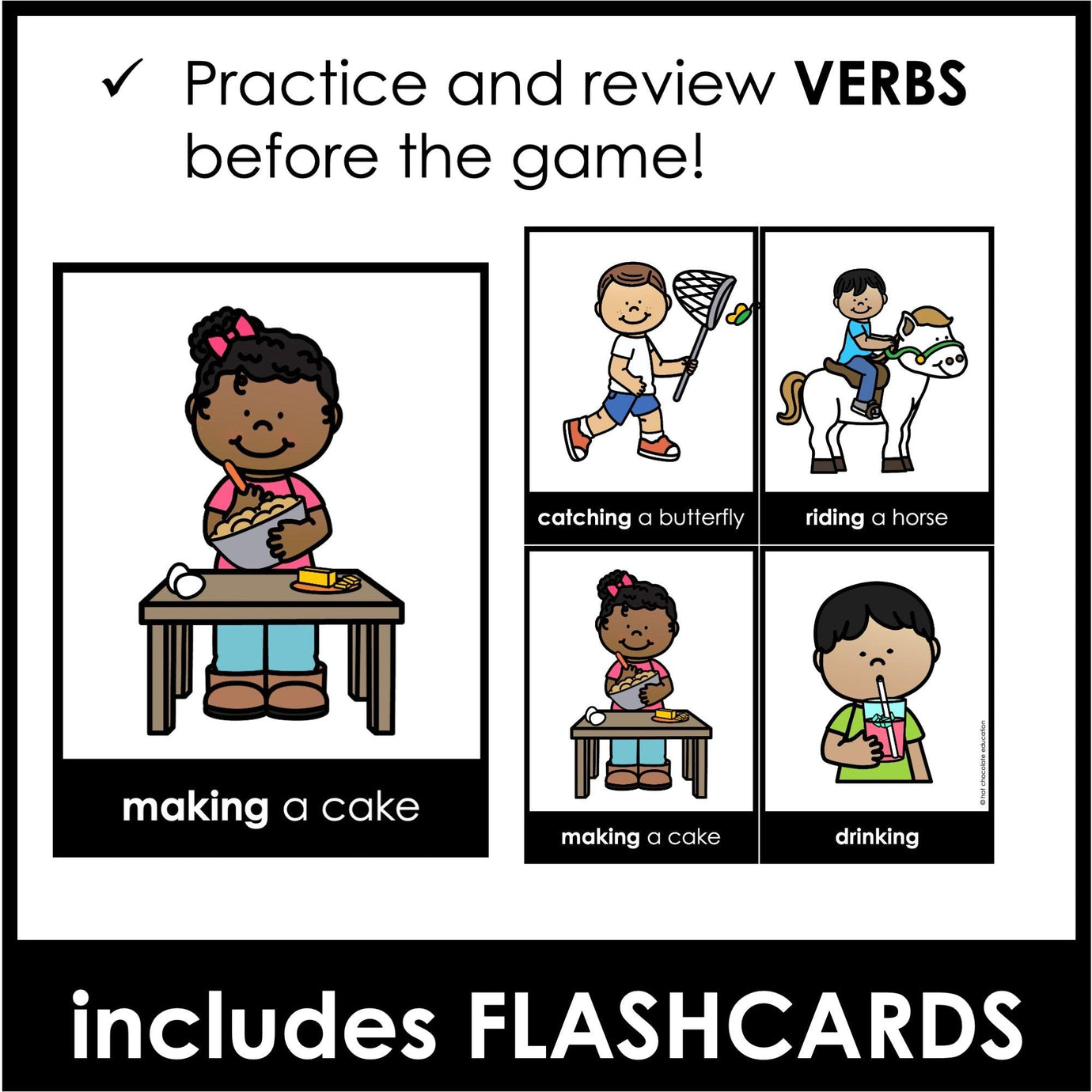 Action Verb Bingo Game + Present Tense Verb Flashcards
