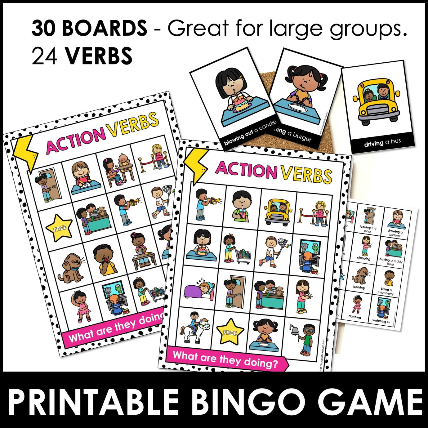 Action Verb Bingo Game + Present Tense Verb Flashcards