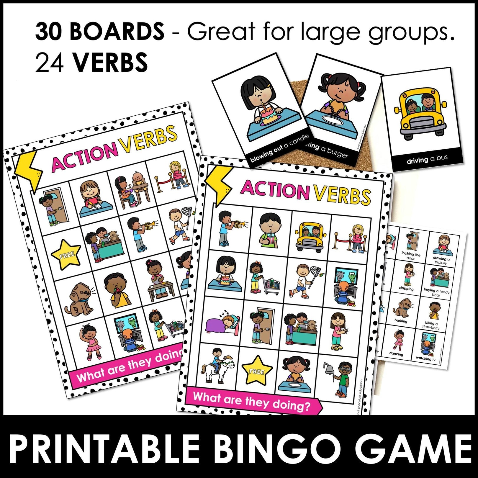 Action Verb Bingo Game + Present Tense Verb Flashcards