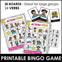 Action Verb Bingo Game + Present Tense Verb Flashcards